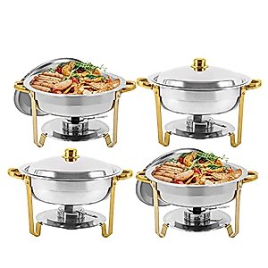 Restlrious Chafing Dish Buffet Set Stainless Steel Round Chafers and Buffet Warmers Sets 5QT 4 Pack, Complete Set for Buffet Catering w/Water Pan, Food Pan, Fuel Holder and Lid in Gold Accent