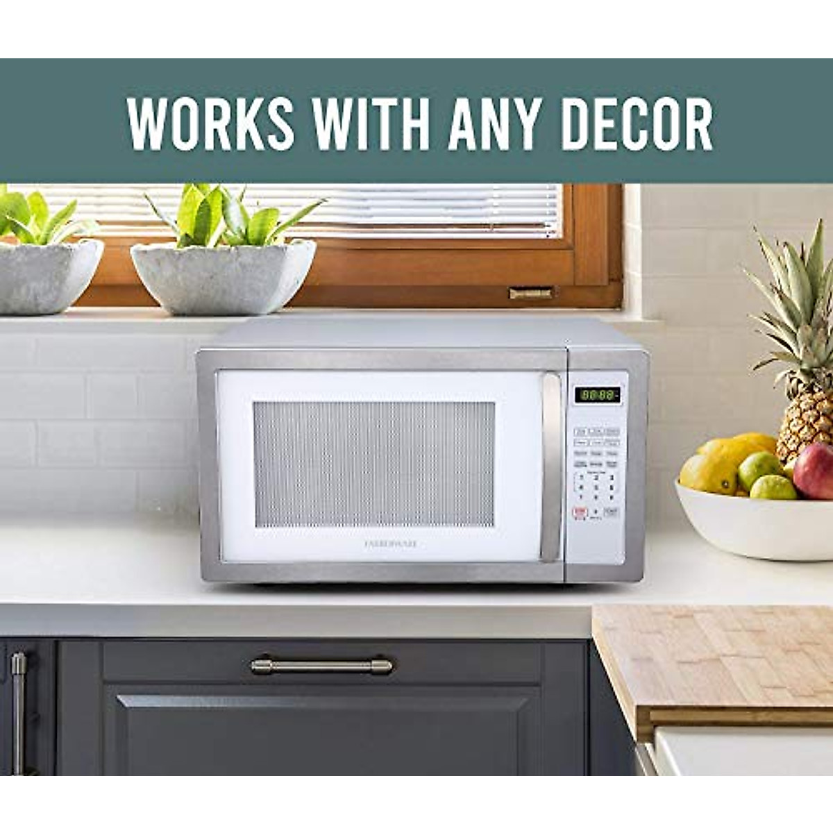 Farberware Countertop Microwave 1000 Watts, 1.1 cu ft - Microwave Oven With LED Lighting and Child Lock - Perfect for Apartments and Dorms - Easy Clean White, Platinum