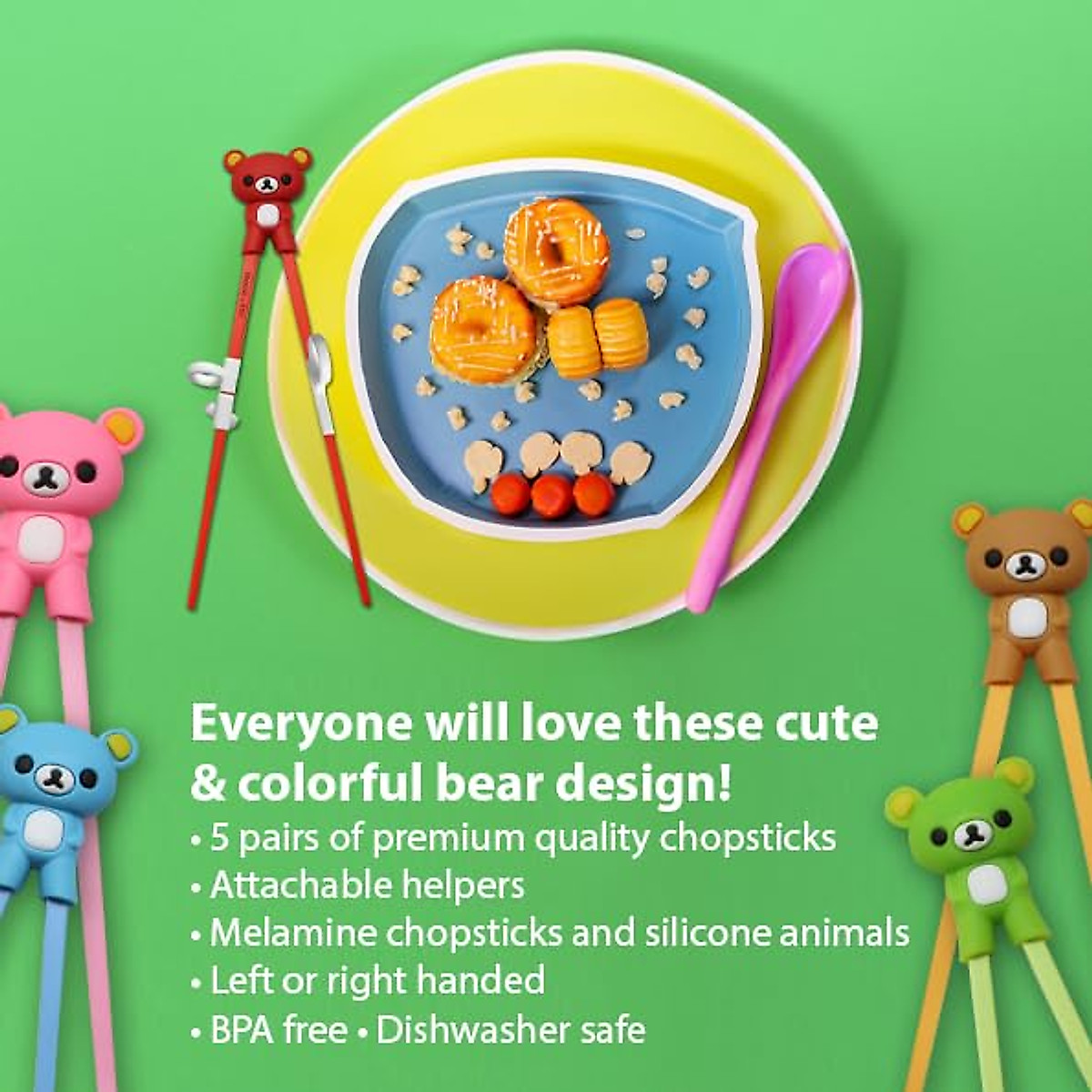 Kids chopsticks for kids children beginner adults toddler training chopsticks with reusable helper (Bears 5-Pack)