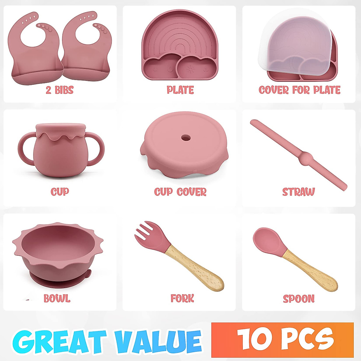 Mishall Baby Feeding Set – 10-Pcs Baby Heavy-Duty Supplies Set with Suction Plates, Bowls, Fork, Spoon, Baby Bibs – Food-Grade Silicone Utensil Set – Self-Feeding Supplies for Babies and Toddlers-Pink