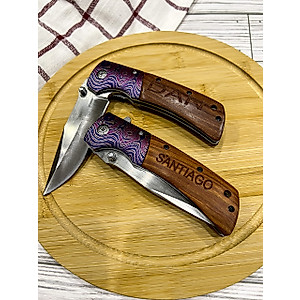 Personalized POCKET KNIFE Engraved Wood Folding Knive Stainless Steel l Standard Edge 5" Blade Wood Handle With Ultra-Secure & Comfortable Belt Clip Custom Gifts for Him Men Dad Boyfriend Father Husband Anniversary Groomsmen (Knife Engraved)