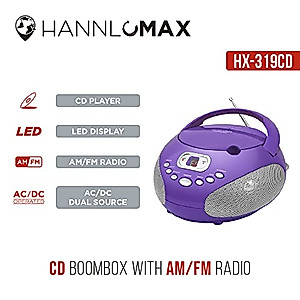 HANNLOMAX HX-319CD Portable CD Boombox, AM/FM Radio, LED Display, Aux-in Jack, AC/DC Dual Power Source (Purple)