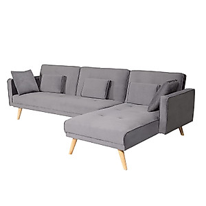 Eafurn L-Shaped Sectional Sofa with Adjustable Backrest and Chaise Lounge,3 Seat Upholstered Sleeper Futon Couch with Solid Wood Legs,Right Hand Facing Tufted Seater Sofa & Couch with 5 Pillows