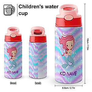 Custom Pink Mermaid Kids Water Bottle with Straw Lid Personalized Add Your Text Stainless Steel Sports Water Bottles Customized Reusable Leak-Proof Toddlers Cup for School, Travel