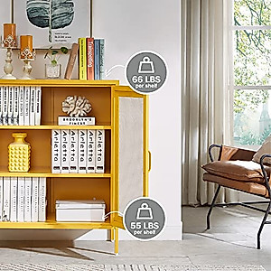 SPACEROCK Storage Cabinet Kitchen Buffet Pantry 40“ Stylish Metal Pantry Cabinet with 2 Mesh Doors, Suitable for Office, Dining Room, Living Room, Yellow