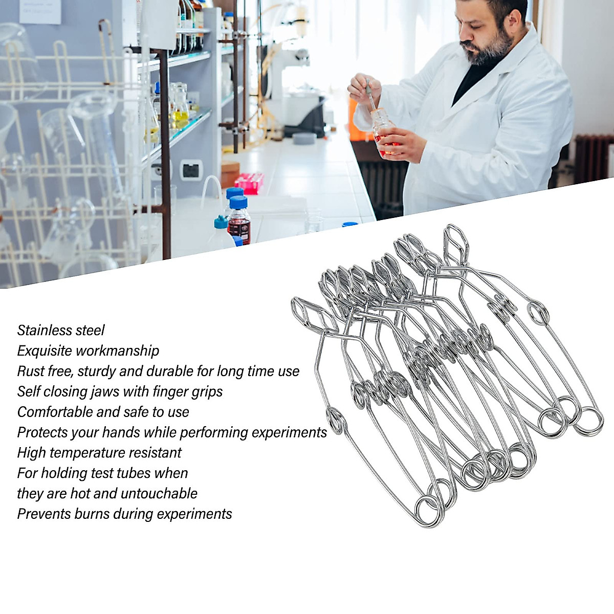 10PCS Spring Test Tube Holders Stainless Steel Clip Clamp, Lab Test Tube Clamp with Finger Grip, Laboratory Experiment Testing Holder Tool for Standard Test Tubes, 14.6cm / 5.7inch