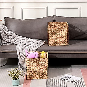 Water Hyacinth Storage Basket,Wicker baskets For Shelves,Folding 2 Packs Handmade Woven,Decorative Seagrass Shelf Basket ,Shelf Basket For Storage Toys Books And Clothes ,12x12x12 Inches.