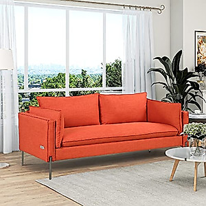 Harper & Bright Designs Linen Fabric 3 Seat Sofa with USB Charging Ports, Morden Style Upholstered 3-Seat Couch for Living Room, Apartment (3 Seat, Orange)