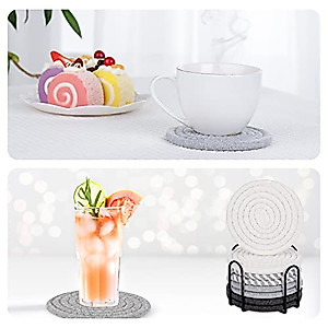 XINRUI Coasters for Drinks, Absorbent Drink Coasters 8 Pcs Cotton Handmade Braided Drink Coasters with Holder 4.3inch Minimalist Boho Round Woven Coasters for Farmhouse Table Protection