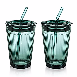 Joeyan Glass Tumbler with Straw and Lid,Green Glasses Water Cup with Straw,Colored Glass Drinking Jars for Juice Beverages Iced Coffee Tea Smoothie Soda Milk,15 oz,Set of 2,Dishwasher Safe