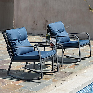 HLNPTN 3 Pieces Patio Rocking Chairs Outdoor Bistro Set, Wicker Outdoor Rocker Chair of 2, Porch Sofa Seat Patio Furniture Conversation Sets with Tempered Glass Top Coffee Table & Cushions, Dark Blue