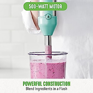 GreenLife 500-Watt Immersion Electric Handheld Stick Blender with Stainless Steel Blades, Whisk, Frother, Measuring Cup and Lid, Soups, Puree, Cake, Multi-Speed Control, Portable, Turquoise
