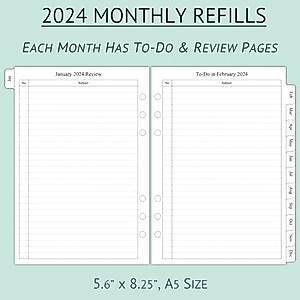 2024 Monthly Planner Refill for A5 Binder, Two Page Per Month, January 2024 - December 2024, 5.6"x8.25", 6-Hole Punched