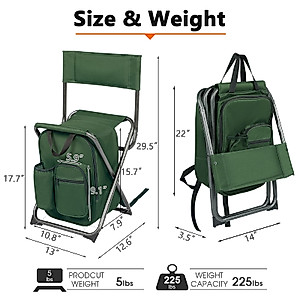 PORTAL Lightweight Backrest Stool Compact Folding Chair Seat with Cooler Bag and Backpack Straps for Fishing, Camping, Hiking, Supports 225 lbs