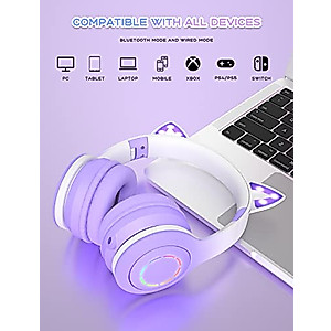 VuyKoo Bluetooth Headphones with Microphone/RGB LED Light Up, Cat Ear Wireless Headphones, Stereo Gaming Headset for Cellphone/PC/Laptop/Tablet/TV Kids Girls & Boys Teens/Birthday Gift (Purple)