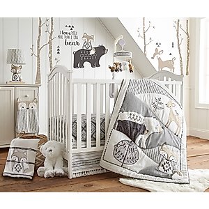 Levtex Baby - Bailey Crib Bed Set - Baby Nursery Set - Charcoal, Taupe, White - Neutral Forest Theme - 5 Piece Set Includes Quilt, Fitted Sheet, Diaper Stacker, Wall Decal & Skirt/Dust Ruffle