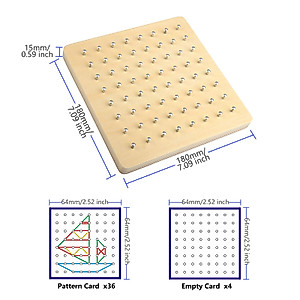 Thoth Montessori Wooden Geoboard Mathematical Manipulative Material Array Block Geo board with 36Pcs Pattern Cards and Rubber Bands Matrix 8x8 for Kids Graphical Educational Toys Early Development Toy