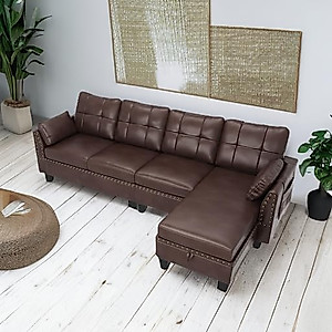 HONBAY Faux Leather Sectional Sofa Couch Reversible L Shaped Couch Sofa 4 Seat Sofa Sectional Couch for Small Apartment