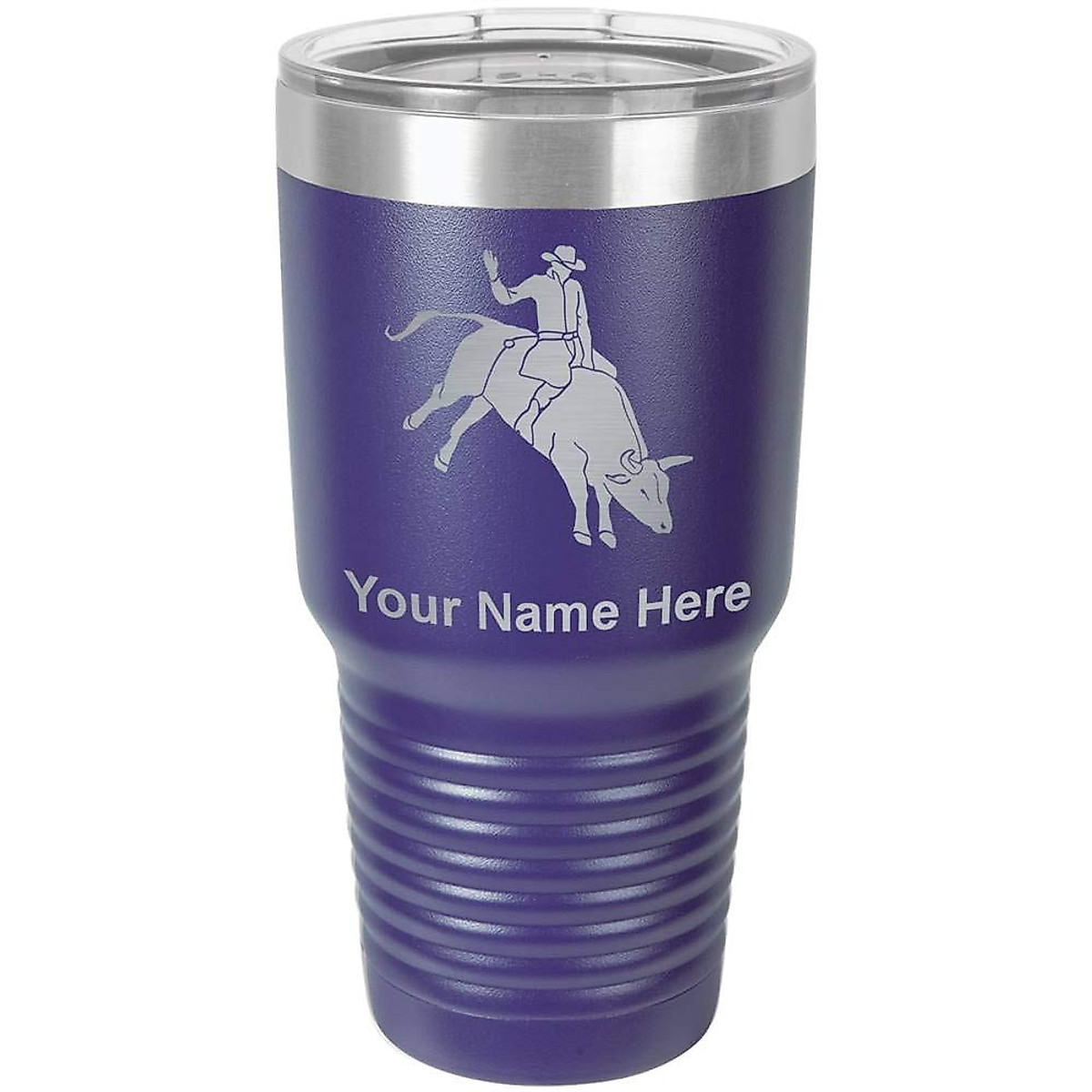 LaserGram 30oz Vacuum Insulated Tumbler Mug, Bull Rider Cowboy, Personalized Engraving Included (Dark Purple)