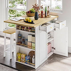 IRONCK Kitchen Island with Storage, with 2 Stools, Ample Storage Space with Power Strip, Large Countertop with Drop-Leaf Design, 2-Door Cabinet and 5 Open Side Racks/2 Utility Drawers, White