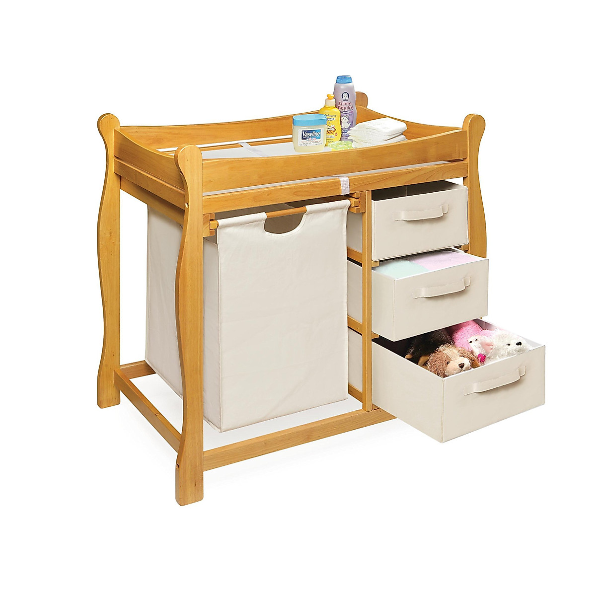 Sleigh Style Baby Changing Table with Laundry Hamper and 3 Storage Baskets