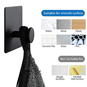 CasaZentro Adhesive Hooks - 5 Pack Towel Hooks for Bathroom, Matte Black Shower Hooks for Hanging Robes Coat, Wall Hooks Stick on Kitchen, Stainless Steel