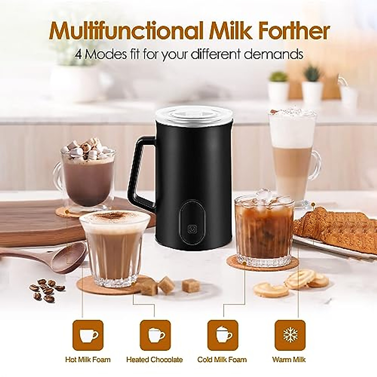 Electric Milk Frother Steamer Milk Foamer 4 in 1 Multifunctional Hot Cold Milk Foam Maker 20oz/390ml Automatic Quiet Milk Warmer Latte Cappuccinos Hot Chocolate (White)