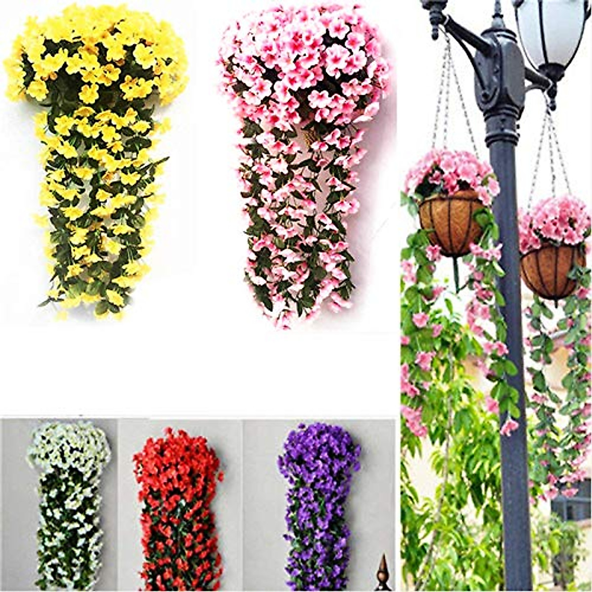 Meitan Artificial Violet Hanging Flower, Silk Violet Flower Garland Hanging Basket Decorative Plant Home Outdoor Wedding Arch Garden Wall Décor (2 pcs Rose Red)