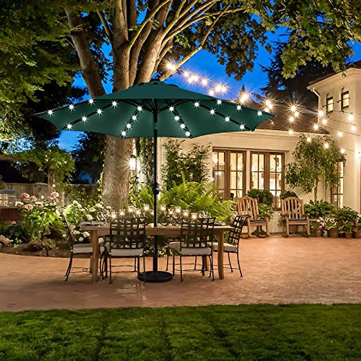 Yaheetech 9FT Patio Umbrella with Solar Lights - UV Protection Market Table Umbrella w/ 32 LED Lights & Push Button Tilt & Crank Lift System for Garden/Lawn/Deck/Backyard/Pool,Dark Green