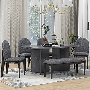 Lifeand 6-Piece Modern Style Set with Faux Marble Table and 4 Upholstered Dining Chairs & 1 Bench,Gray, Grey