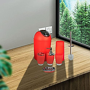 Bathroom Accessories Set of 6 Plastic Bathroom Accessories Toothbrush Holder, Flush Cup, Soap Hand Sanitizer Bottle, Trash Can, Toilet Brush with Stand (RED)