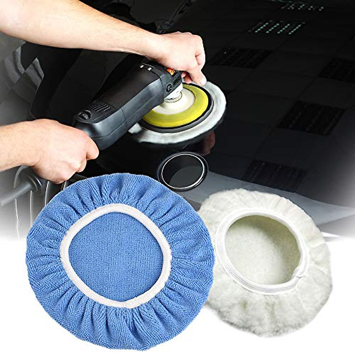 KingBra Car Polisher Pad Bonnet Wax Bonnet Set (7 to 8 Inches), 5Pcs Soft Microfiber + 3Pcs Wool Polishing Bonnet Orbital Buffing Pad Cover Waxing Bonnet for Car Polisher