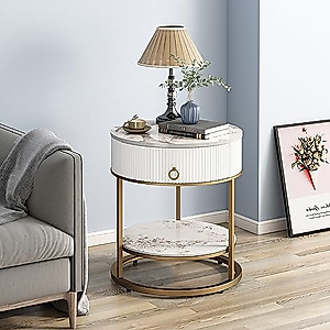 OIOG Round Side Table with Drawer, 2 Tier Night Stand with Shelf, Modern Side Table with Gold Legs for Living Room, Bedroom, Dorm, Marbling Natural Stone/Gold