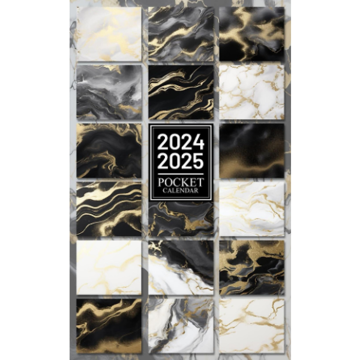 Pocket Calendar 2024-2025 For Purse: 2 Year Small Size 4 x 6.5 inches - Gold Black And White Square Marble Design Volume 1