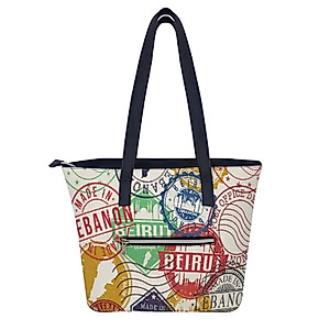 Beirut Lebanon Set of Stamps Women's Tote Bag PU Leather Shoulder Bag Handbags Purse For Work Shopping Travel