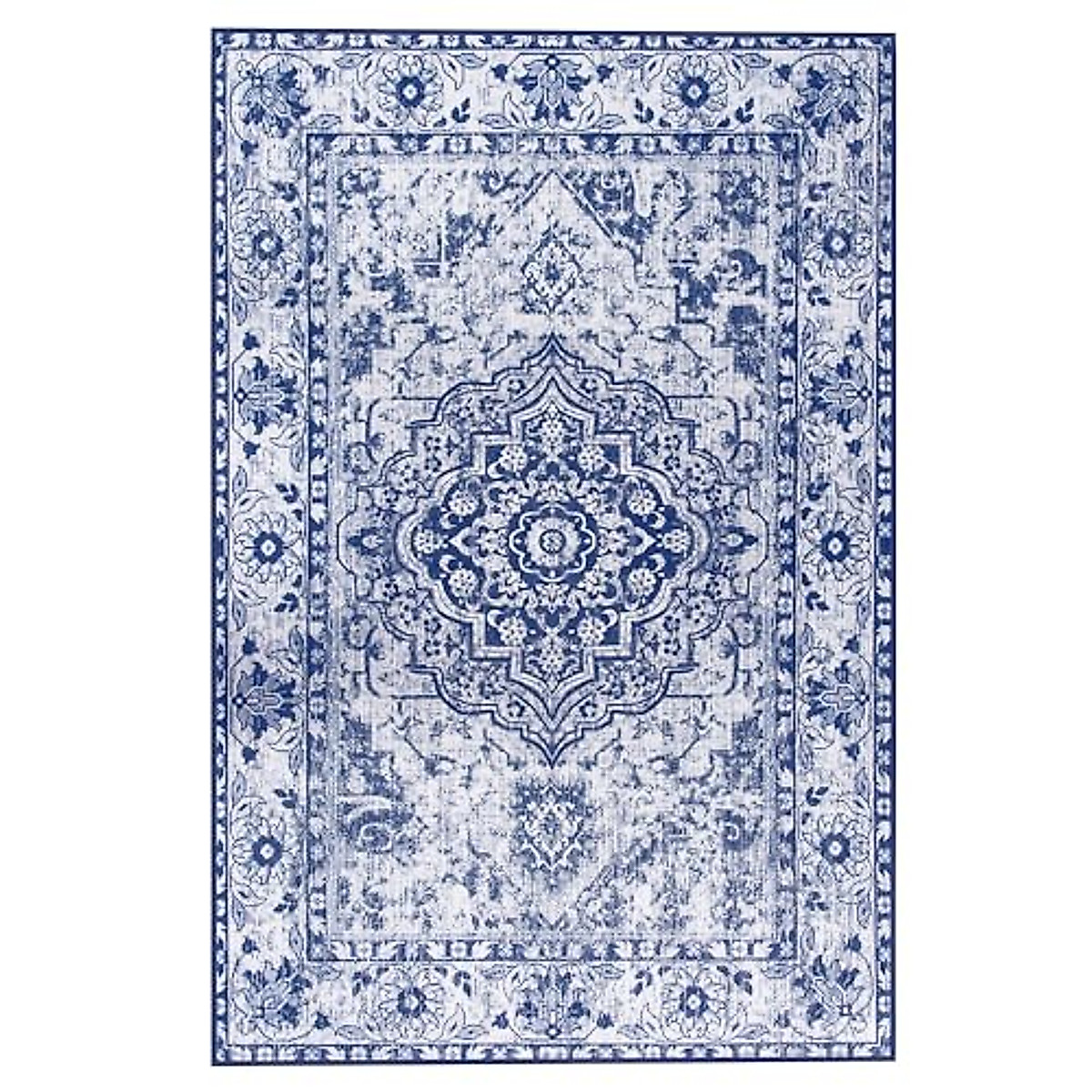 OHWPEAT 5x7 Feet Boho Vintage Living Room Area Rug, Lightweight Non-Shedding Carpet, Hardwearing Stain-Resistant Machine Washable, Non-Slip Rug for Bedroom Office Dining Room Kids Room, Blue Rugs
