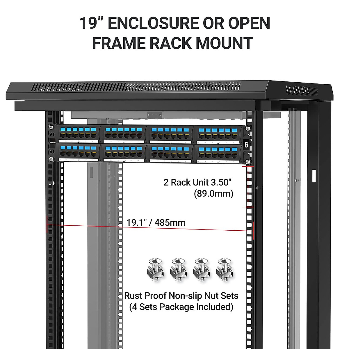 AMPCOM CAT6 48 Ports Patch Panel, Rack Mount - 2U, 19 inch, RJ45 Ethernet 568A 568B, 50u Gold Plated, with Rear Cable Management Bar