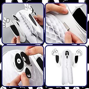 Fourluoo 4 Pcs Halloween Ghost Hanging Decorations Honeycomb Tissue Paper Ghost Shaped Party Decoration Ghost Paper Lanterns for Home Outdoor Decor(21.7" X 16.5", 15' X 12.6",Scary)