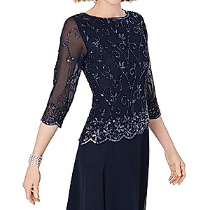 J Kara Women's Beaded Scallop Bodice Asymmetrical Gown, Navy/Mercury/Gun, 8