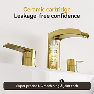 Phiestina Brushed Gold Bathroom Sink Faucet, Waterfall Widespread 3 Hole 8 Inch Brass Bathroom Faucet, with Metal Pop Up Drain and Water Supply Line, NS-WF005-BG