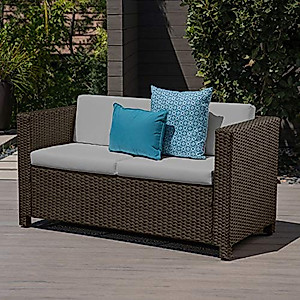 Christopher Knight Home Puerta Outdoor Wicker Loveseat with Cushions, Brown / Ceramic Grey Cushions