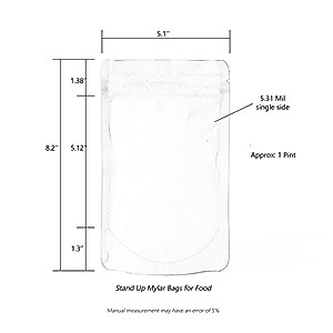100 Pack Mylar Bags for Food Storage - 5.3 mil,5.1x8.2 inches - Matte White Stand Up Resealable Packaging Pouch