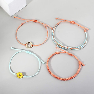 FANCY SHINY Sunflower String Bracelet Handmade Braided Rope Charms Boho Surfer Bracelet for Women(Coral)