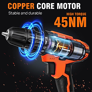 21V Cordless Drill, Electric Power Drill Set with Battery & Charger, 3/8” Keyless Chuck, 2 Variable Speeds, 398 In-lb Torque and 25+1 Position and 29pcs Drill/Driver Bits & LED Electric Drill Set