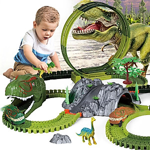 Dinosaur Track Toy Set, 194pcs Flexible Track Toy Set with Dino Car, 360 Degree Rotation Car Track Toy, Create A Dinosaur World Road Race, Dinosaur Toys Track for Kids Ages 3 4 5 6 7 Year Old Boy Girl