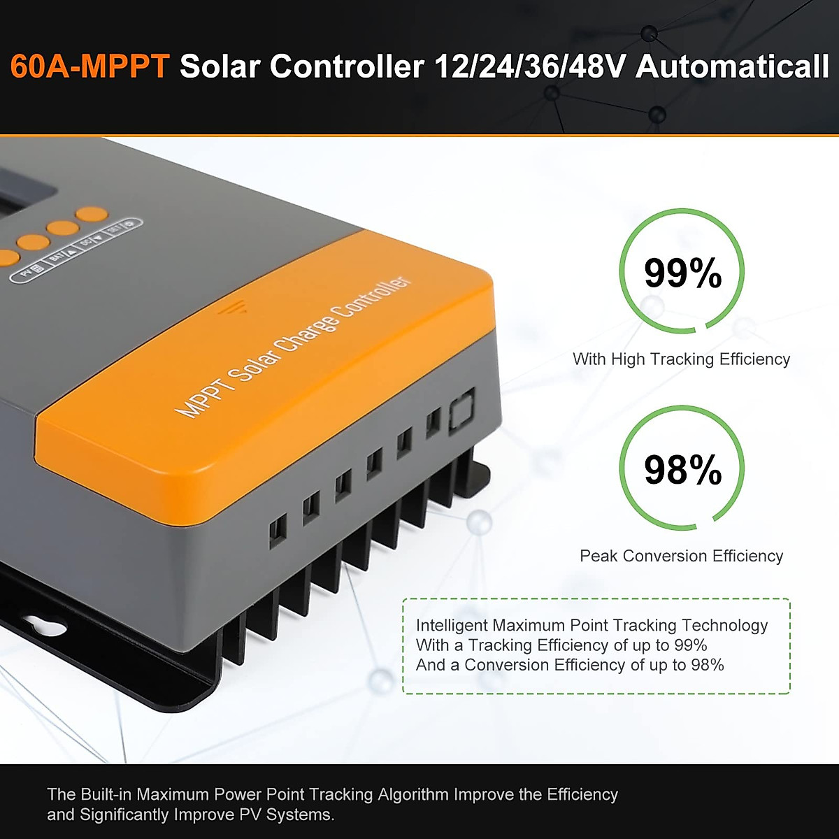 60A Solar Charge Controller 12V/24V/36V/48V DC MPPT Solar Charge Controller LCD Display Solar Panel Regulator Charge Controller for Sealed Lead-Acid Flooded Gel and Lithium Battery
