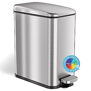 iTouchless SoftStep 1.3 Gallon Small Slim Bathroom Step Trash Can with Removable Inner Bucket & AbsorbX Odor Filter, Stainless Steel, 5 Liter Garbage Bin, Bathroom, Bedroom, Business Office Cubicle