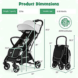 BABY JOY Lightweight Baby Stroller, Compact Travel Stroller for Airplane, Infant Toddler Stroller w/Adjustable Backrest & Canopy, Storage Basket, Self Standing Gravity Fold, Aluminium Frame (Gray)