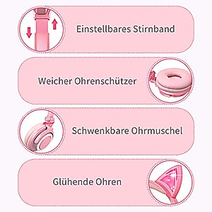 LOBKIN Foldable Wired Over Ear Kids Headphone with Glowing Light for Girls Children Cosplay Fans,Cat Ear Headphones (Peach)