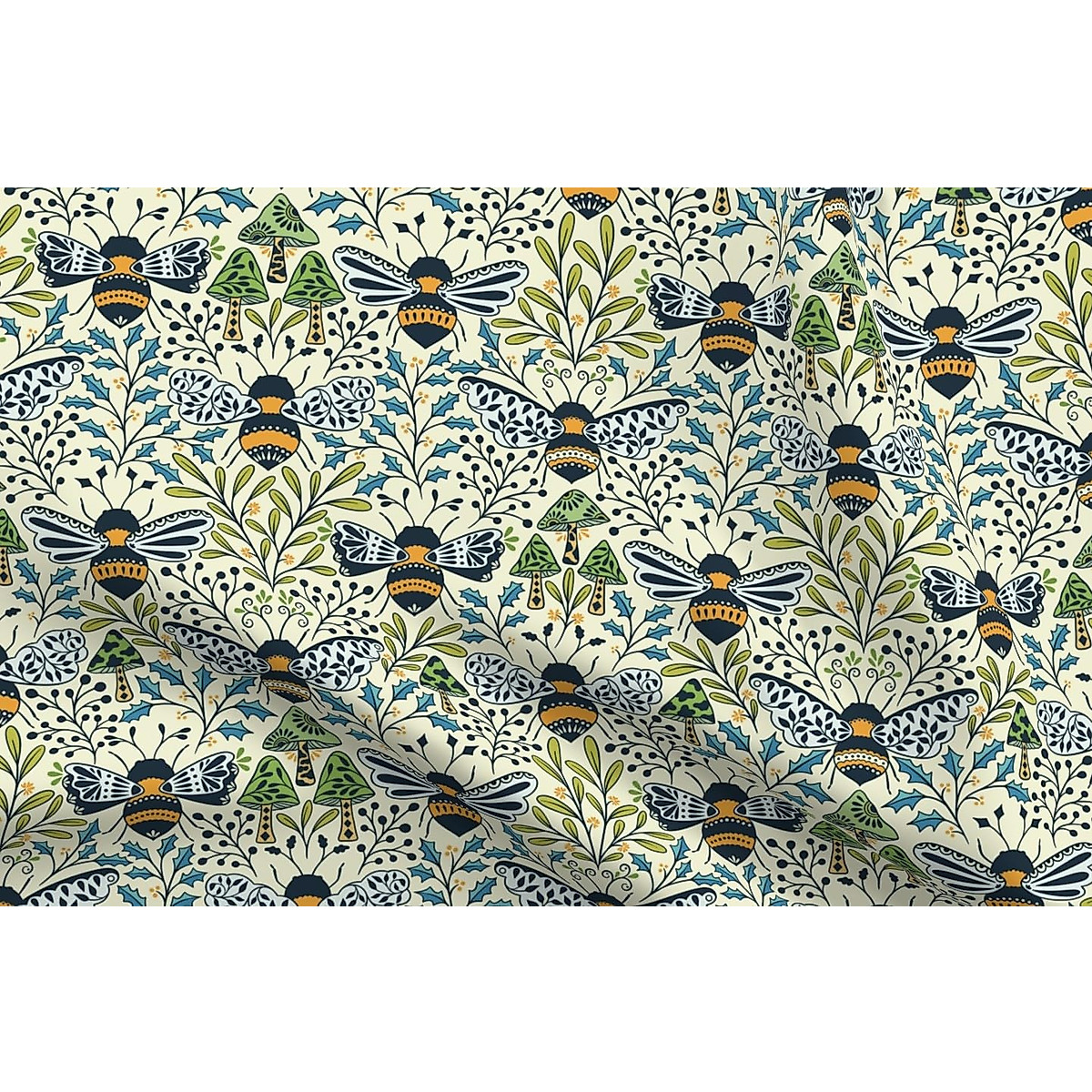 Spoonflower Fabric - Bumblebee Nature Damask Botanical Mushroom Pollinator Large Scale Printed on Minky Fabric by The Yard - Sewing Baby Blankets Quilt Backing Plush